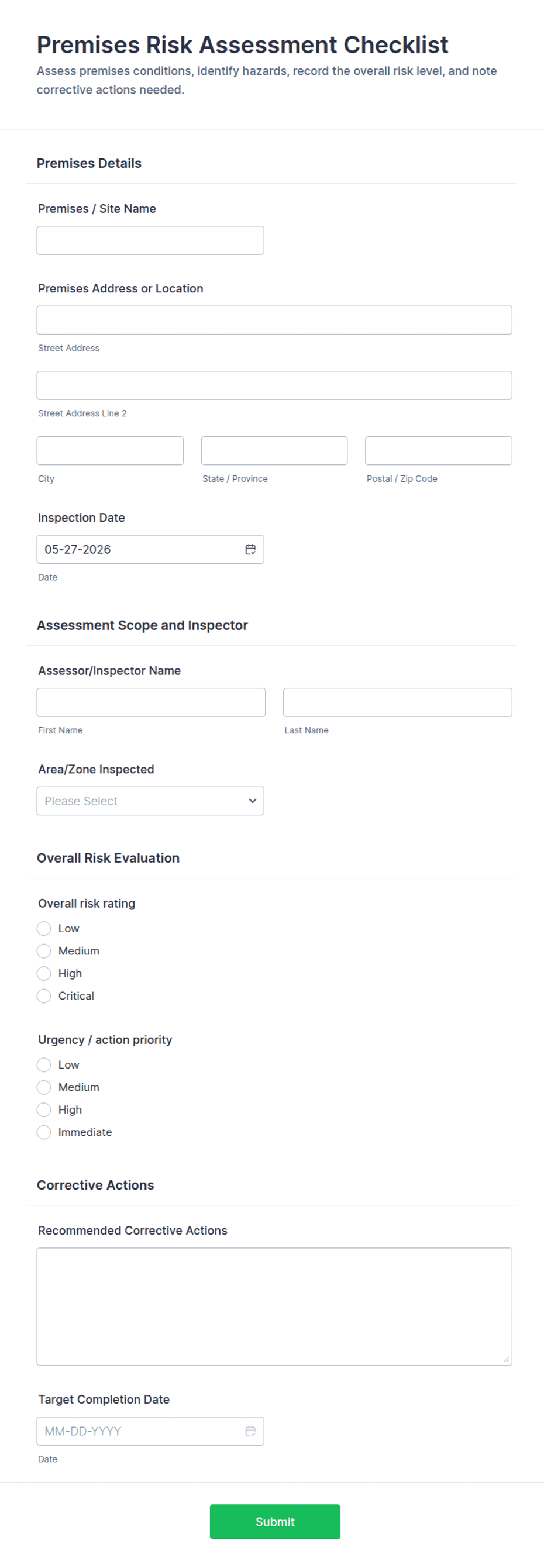 Premises Risk Assessment Checklist Form Template | Jotform