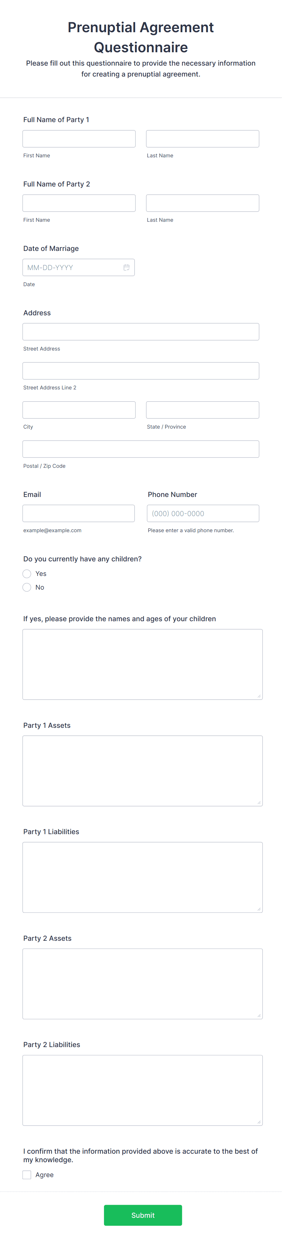 Prenuptial Agreement Questionnaire Form Template | Jotform