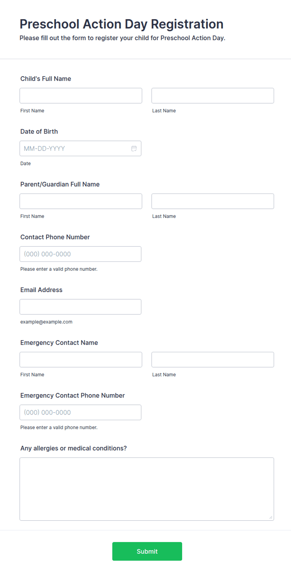 Preschool Action Day Registration Form Template | Jotform