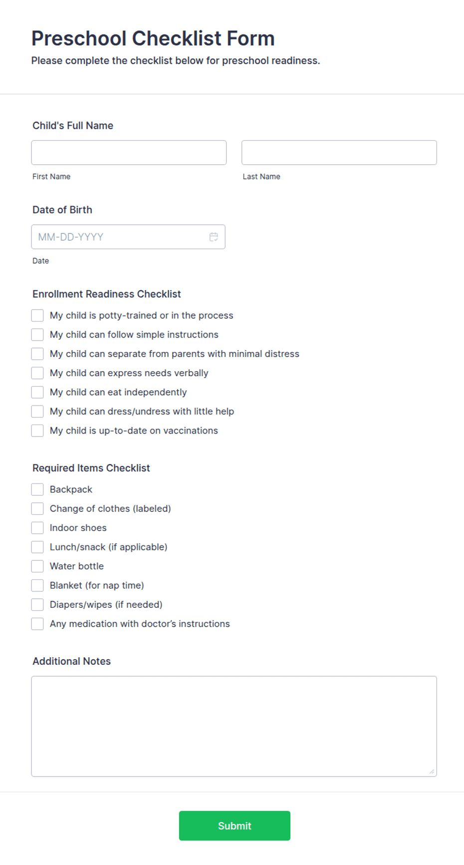 Preschool Checklist Form Template | Jotform