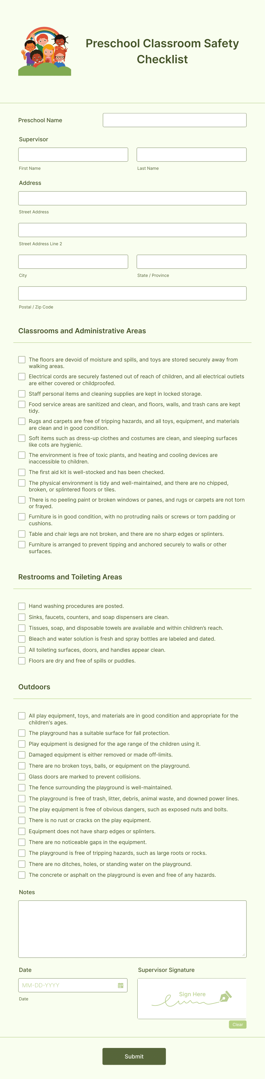 Preschool Classroom Safety Checklist Form Template | Jotform
