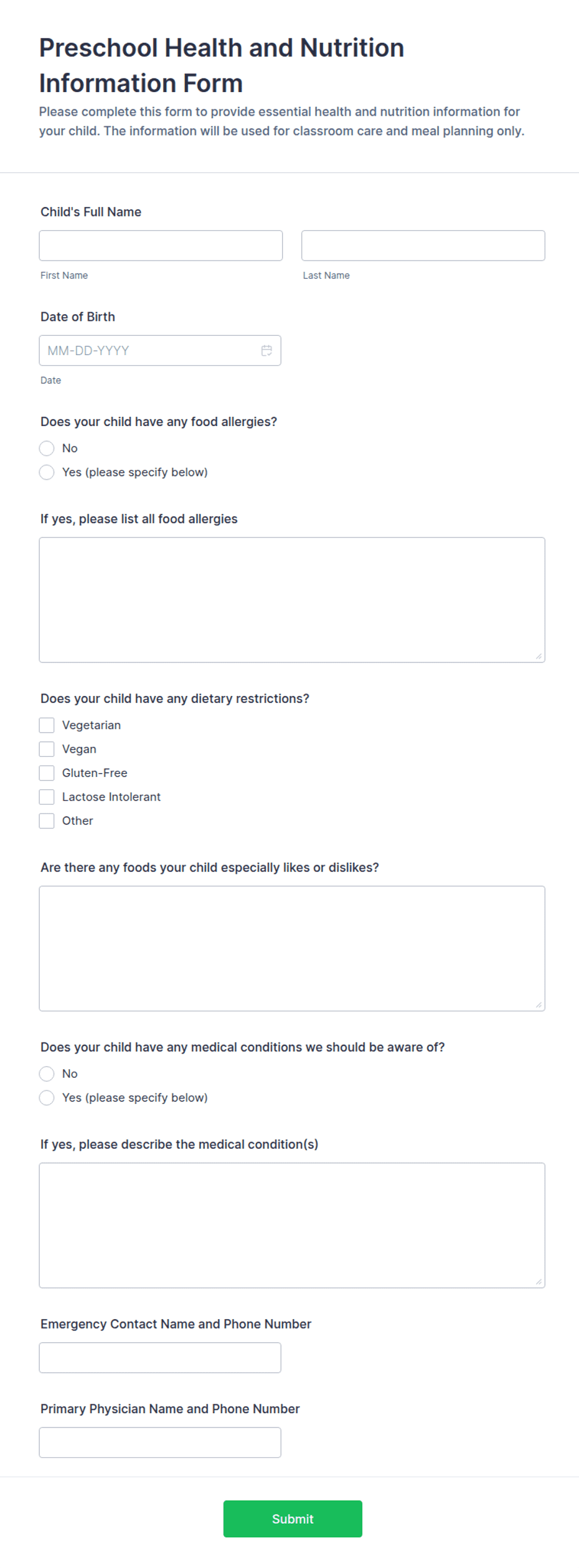 Preschool Health and Nutrition Information Form Template | Jotform