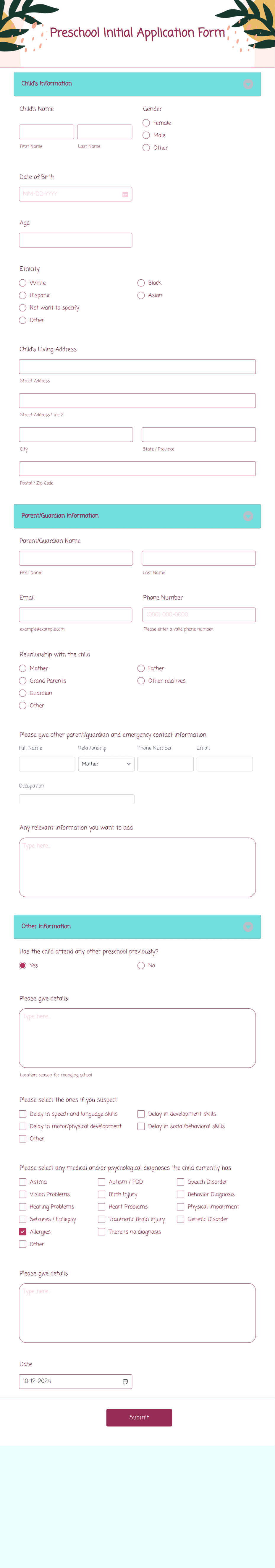 Preschool Initial Application Form Template | Jotform