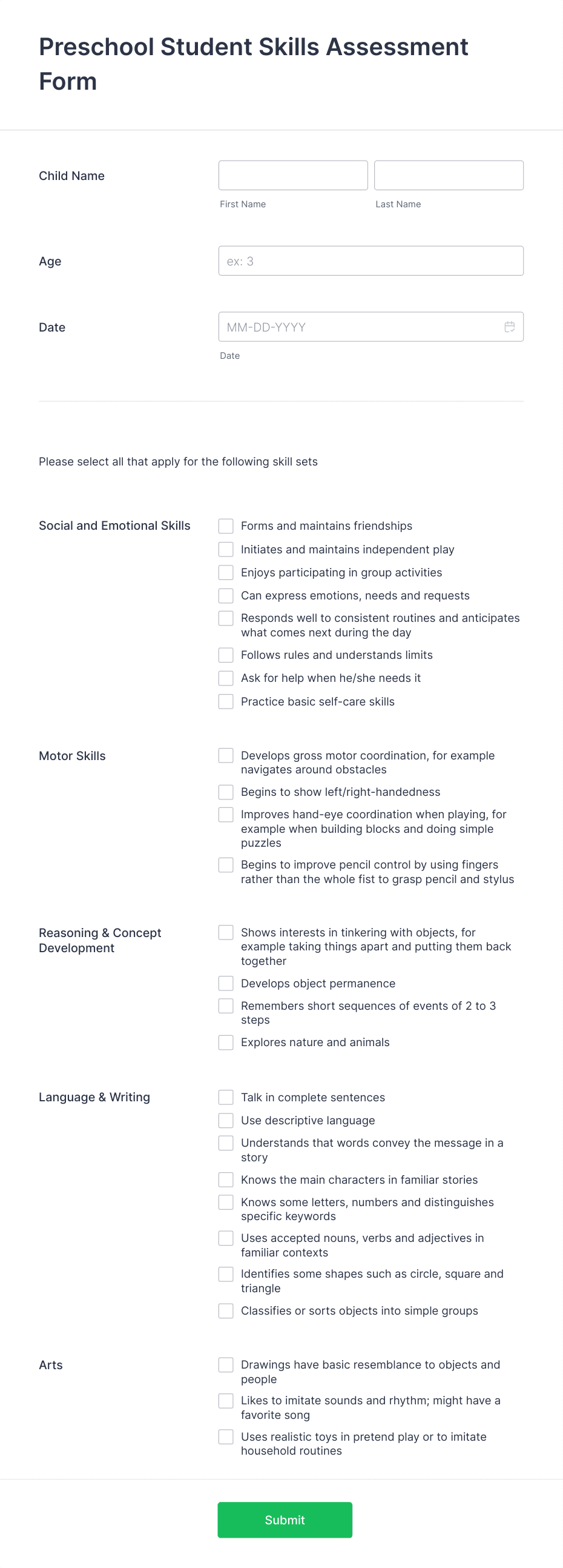 Preschool Student Skills Assessment Form Template | Jotform
