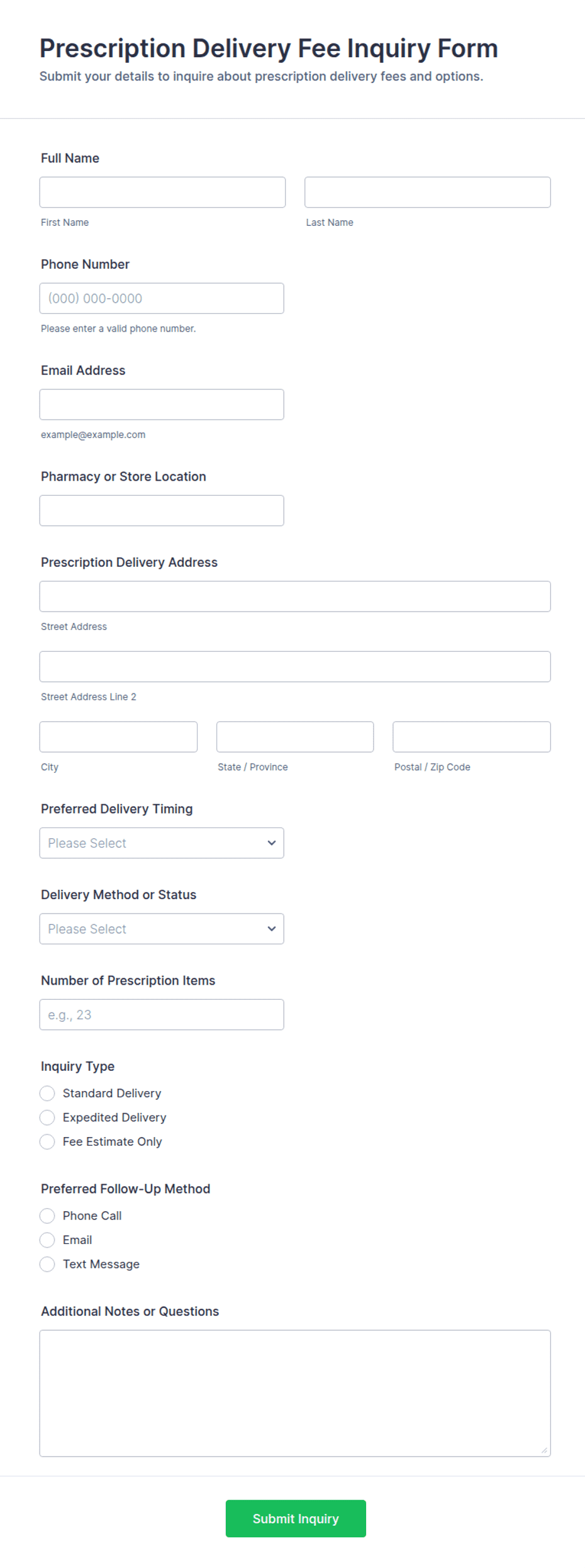 Prescription Delivery Fee Inquiry Form Template | Jotform