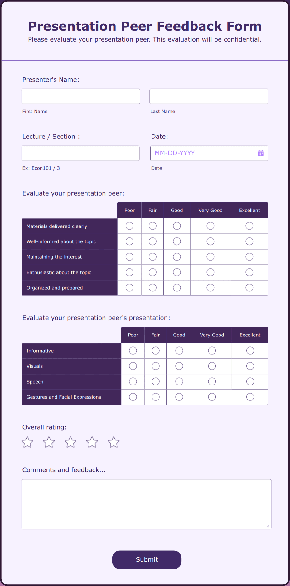 Peer Presentation Evaluation Form