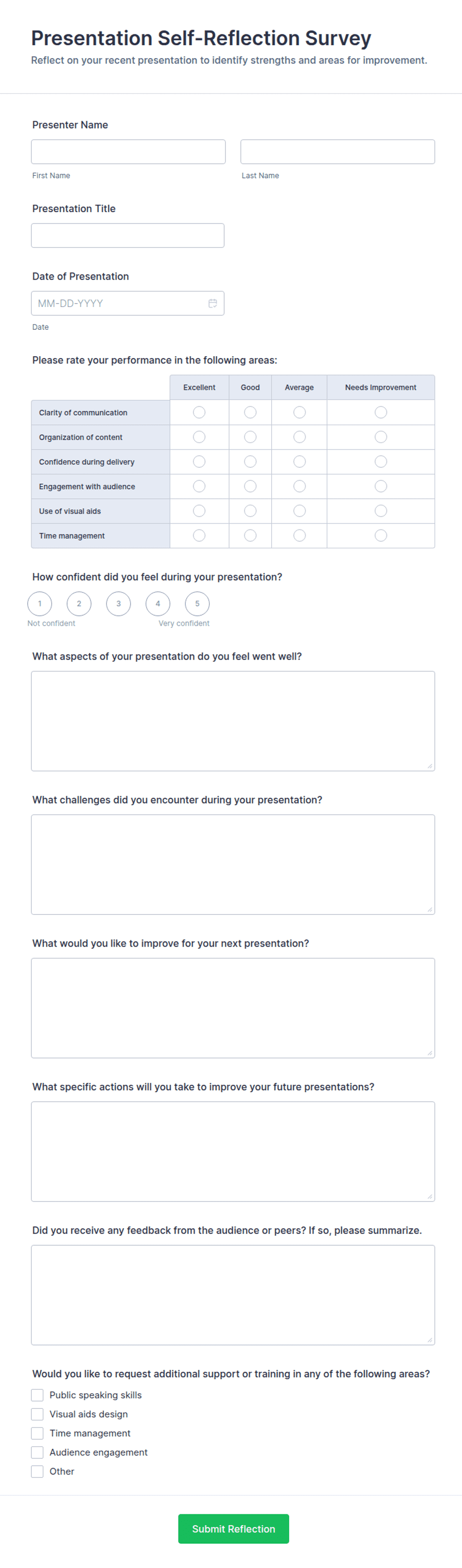Presentation Self-Reflection Survey Form Template | Jotform