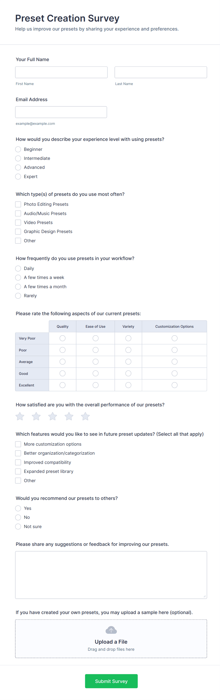 Preset Creation Survey Form Template | Jotform