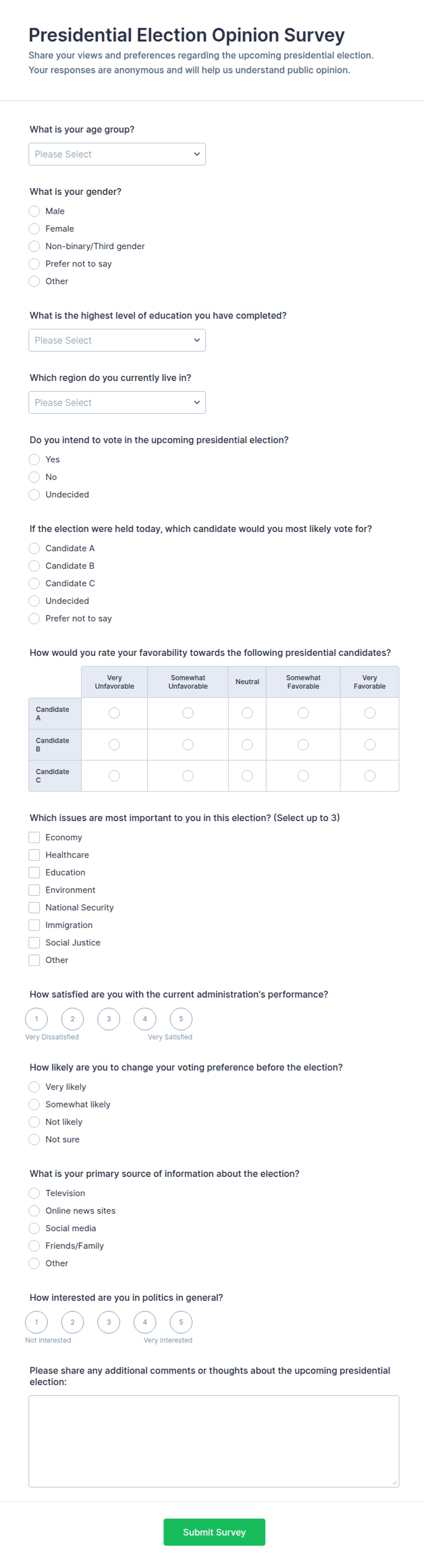Presidential Election Opinion Survey Form Template | Jotform