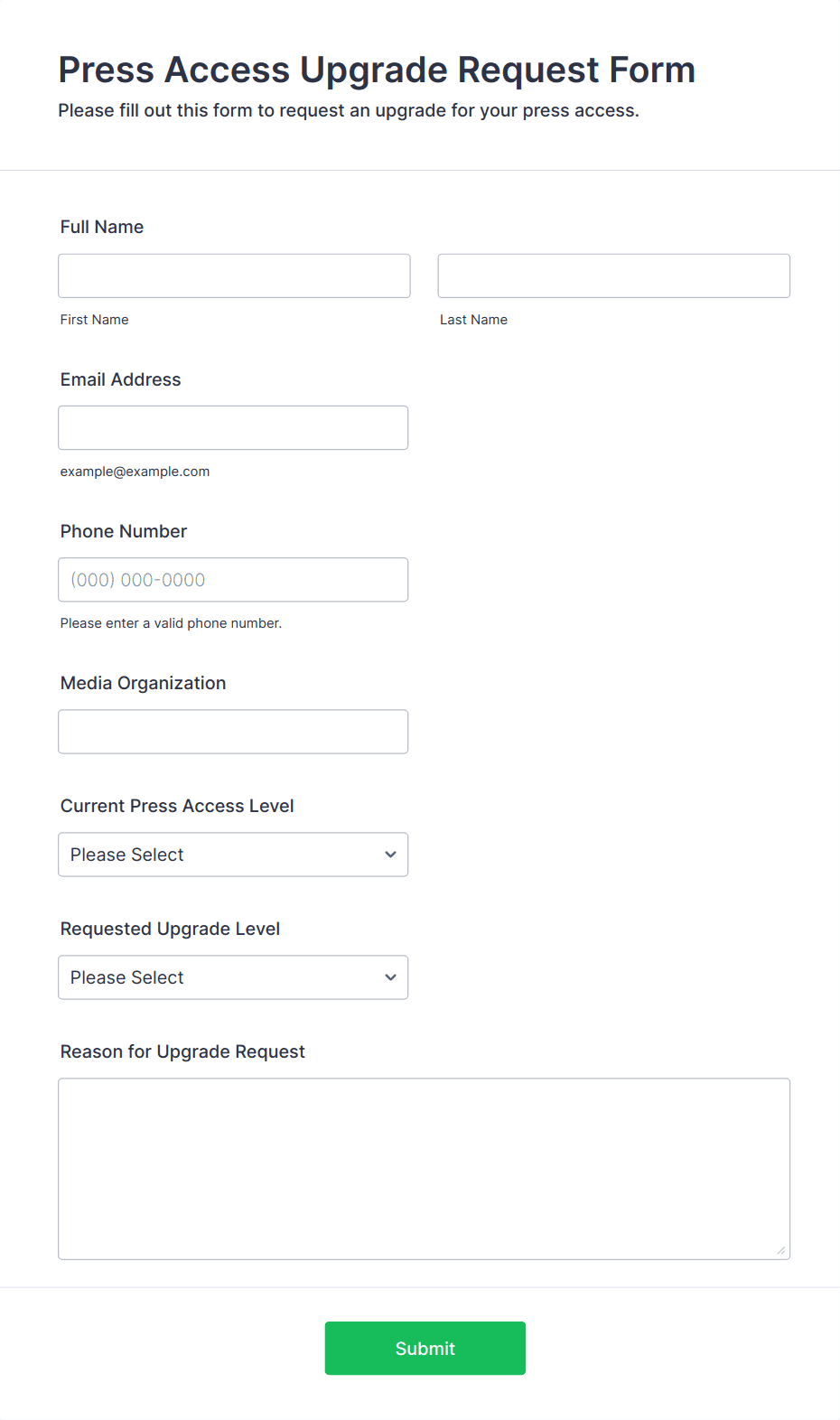 Press Access Upgrade Request Form Template | Jotform