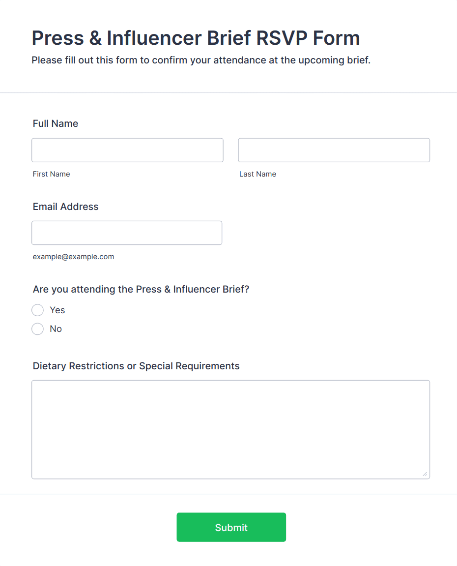 Press & Influencer Brief RSVP Form Template | Jotform