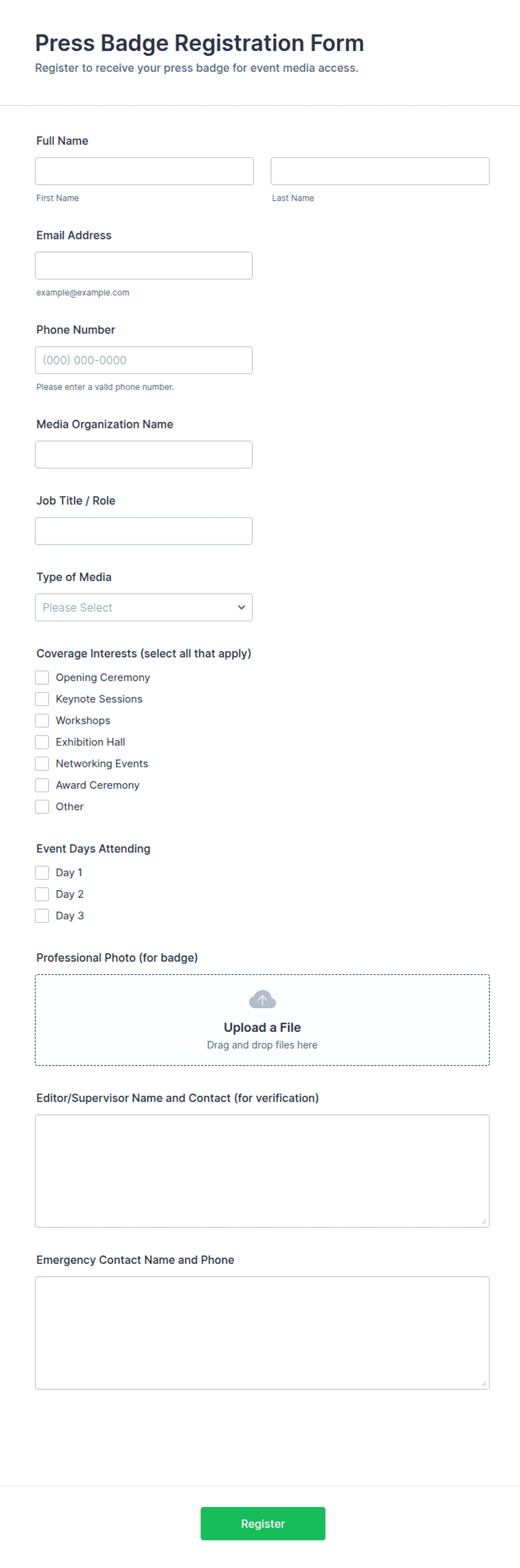 Press Badge Registration Form Template | Jotform