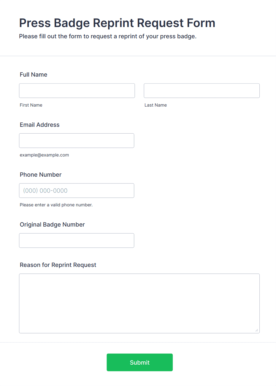 Press Badge Reprint Request Form Template | Jotform