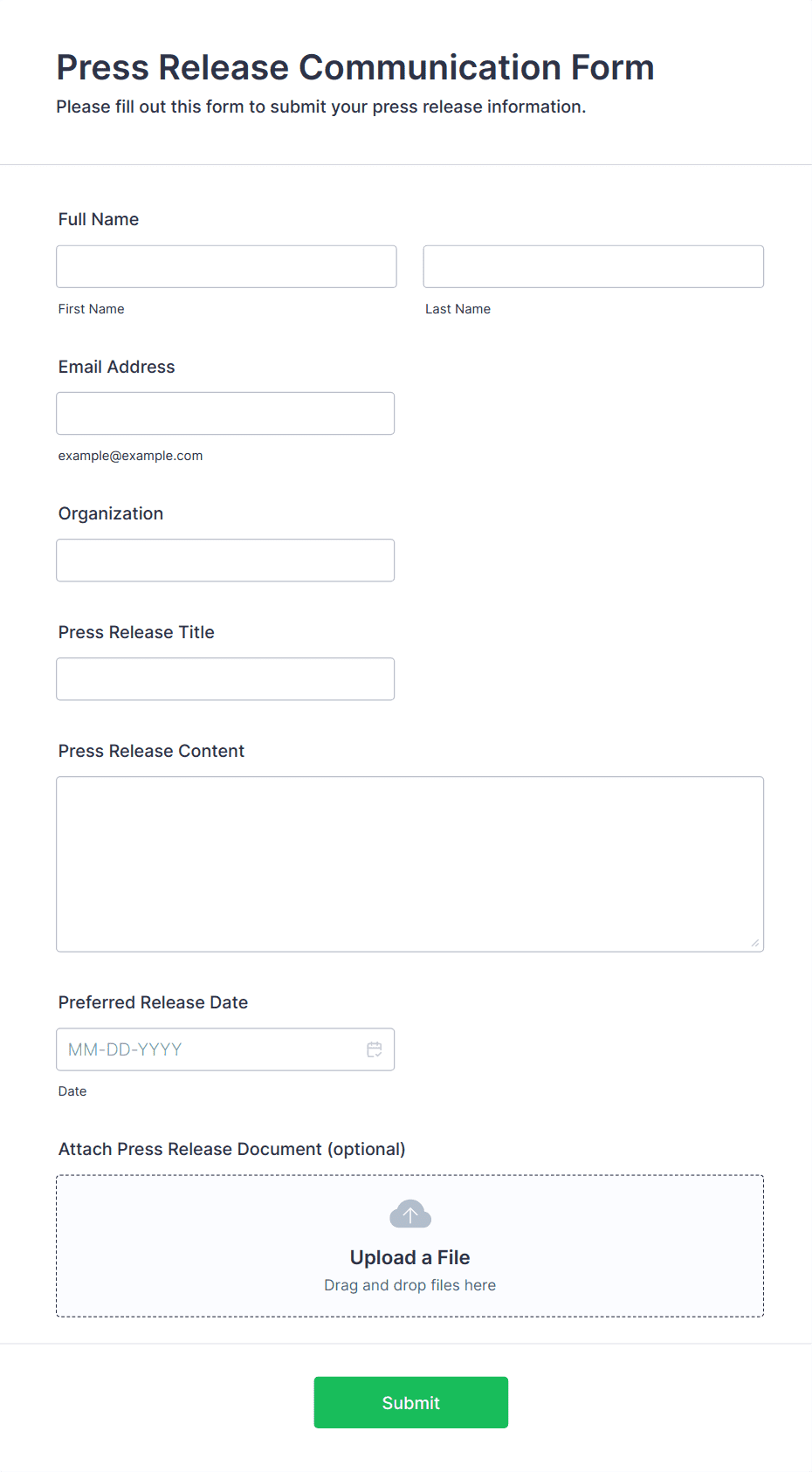 Press Release Communication Form Template | Jotform