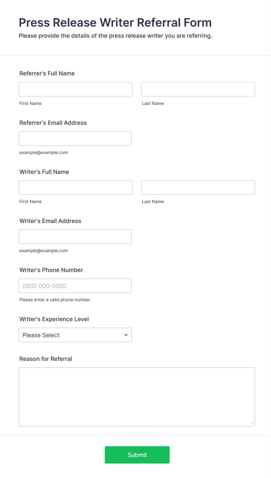 Press Release Writer Referral Form Template | Jotform