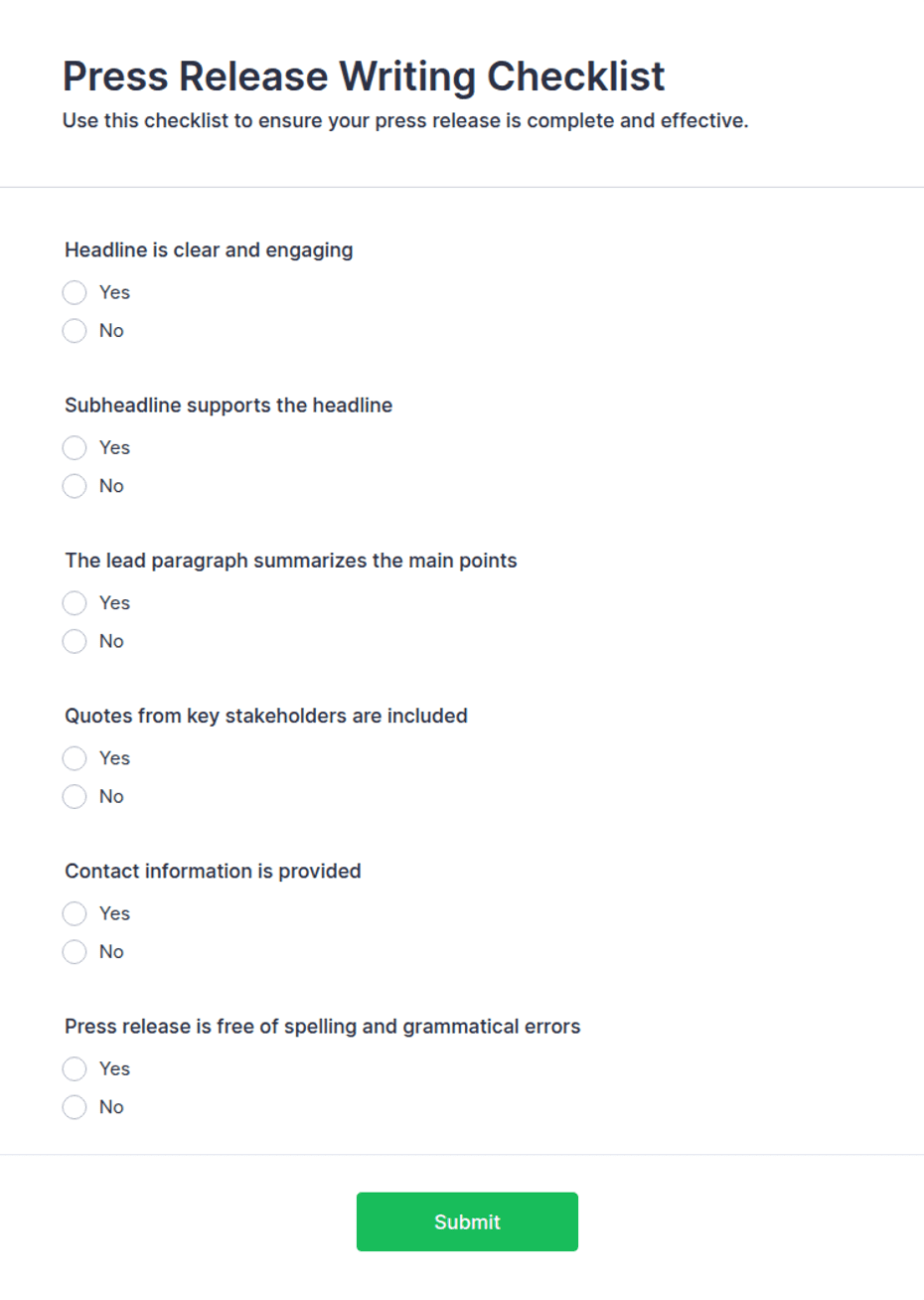 Press Release Writing Checklist Form Template | Jotform
