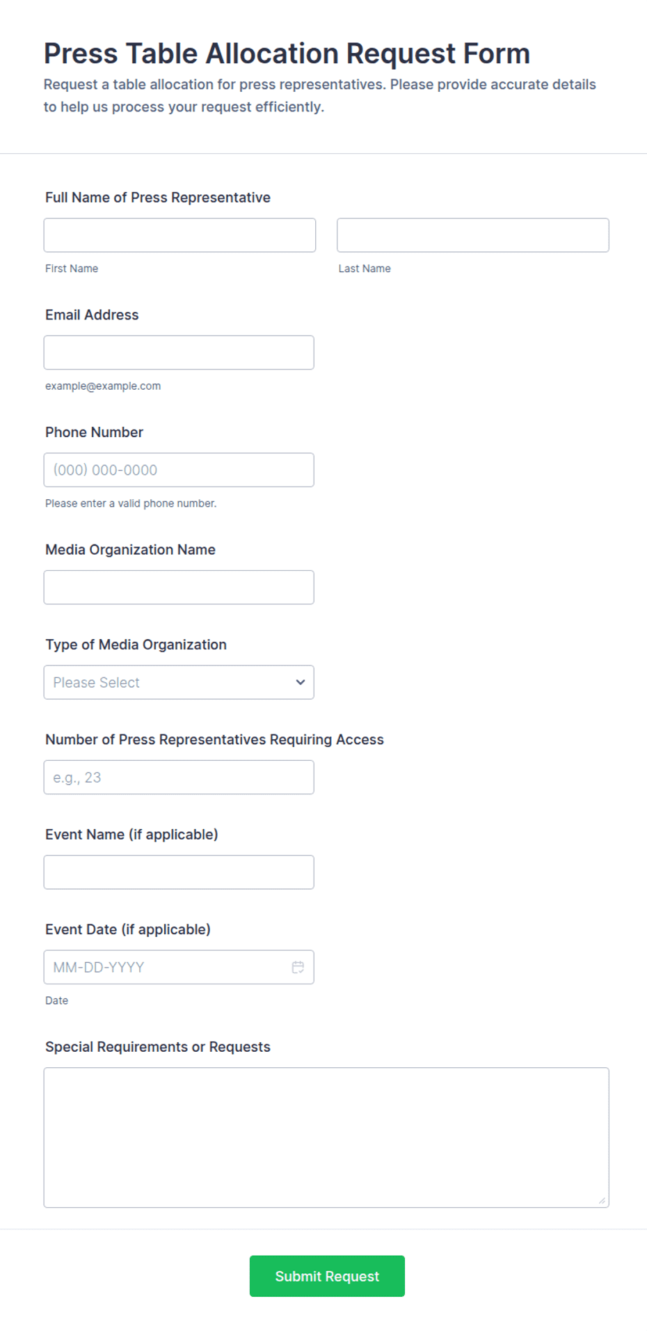 Press Table Allocation Request Form Template | Jotform