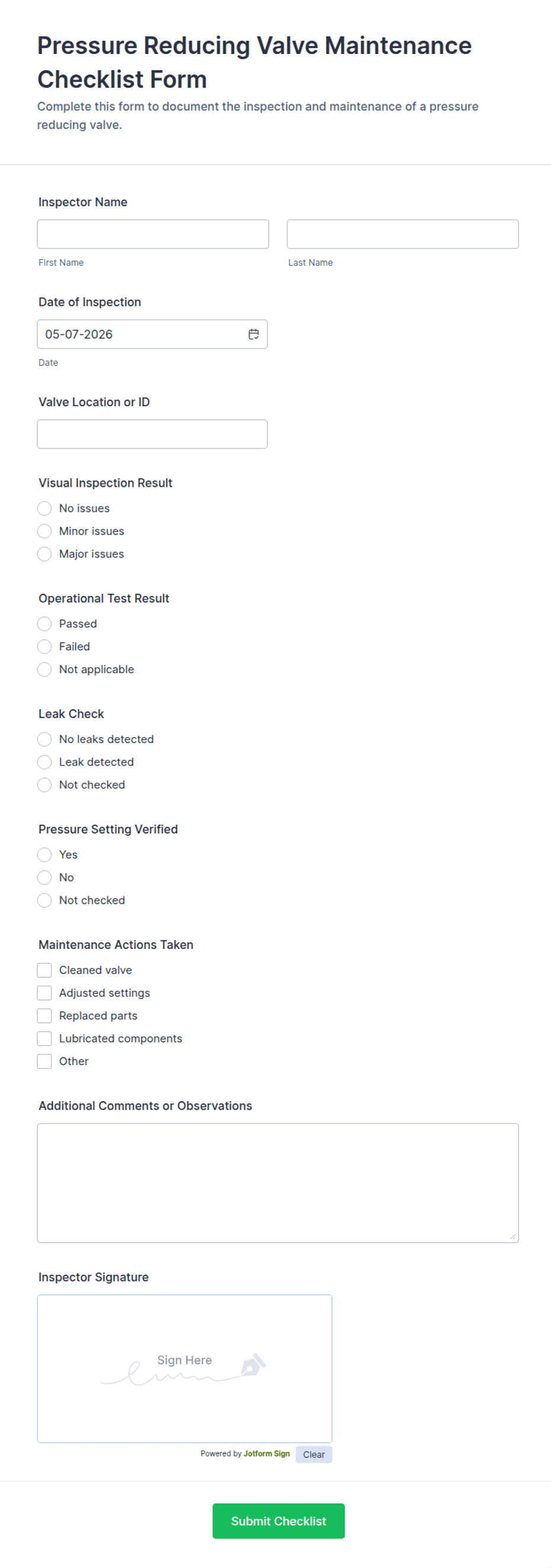 Pressure Reducing Valve Maintenance Checklist Form Template | Jotform
