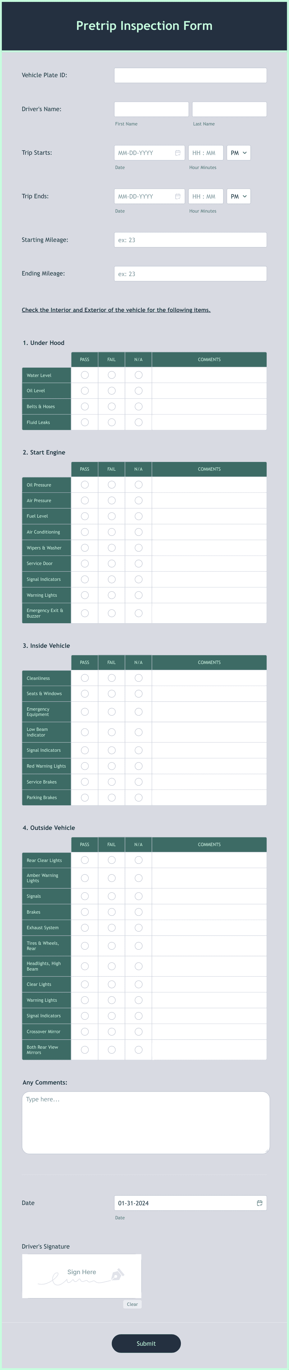 Pretrip Inspection Form Template | Jotform
