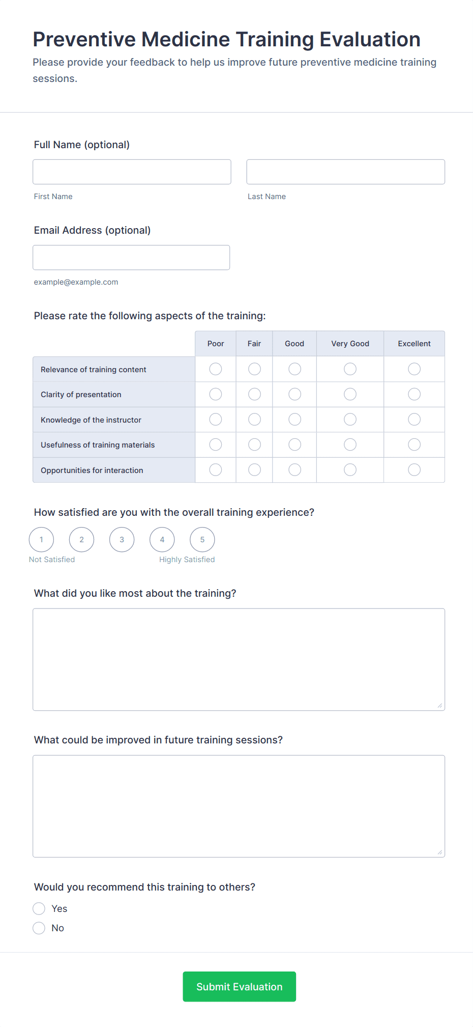 Preventive Medicine Training Evaluation Form Template | Jotform