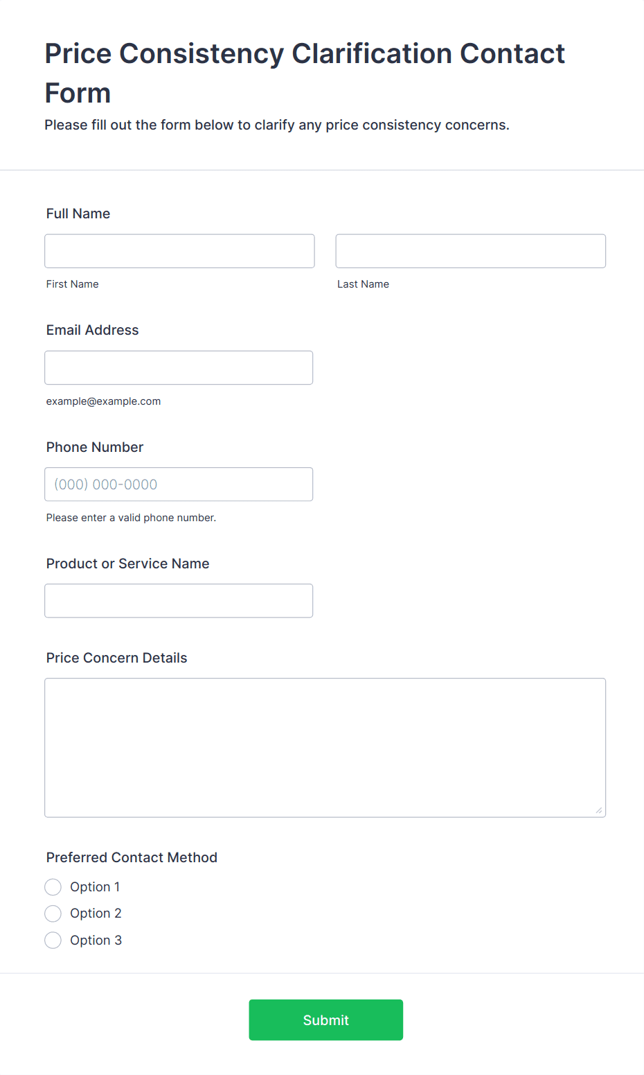 Price Consistency Clarification Contact Form Template | Jotform