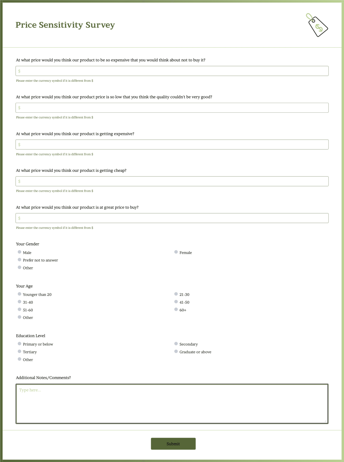 Price Sensitivity Survey Form Template | Jotform