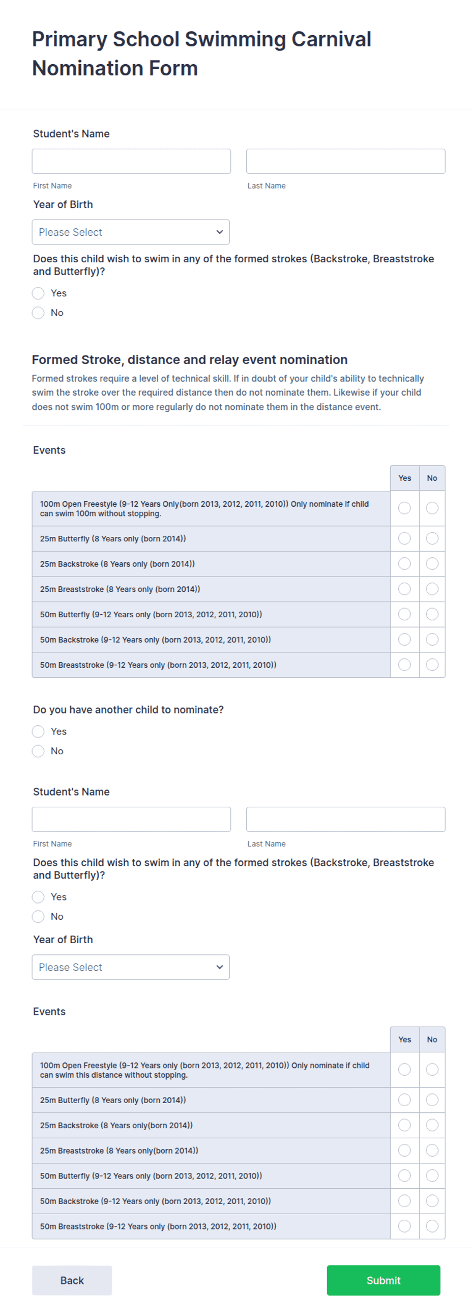 Primary School Swimming Carnival Nomination Form Template | Jotform