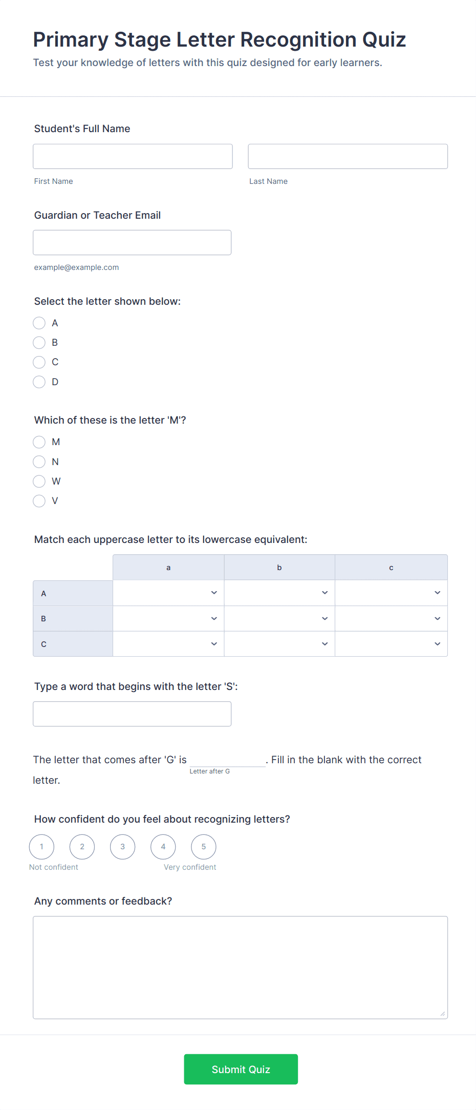 Primary Stage Letter Recognition Quiz Form Template | Jotform