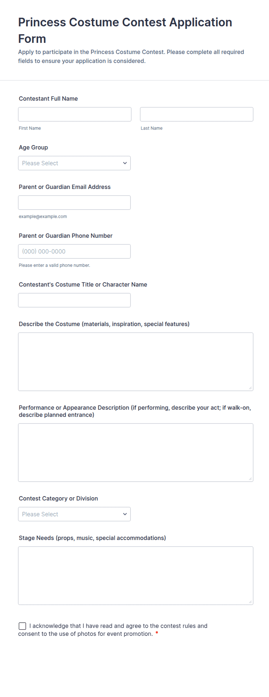 Princess Costume Contest Application Form Template | Jotform