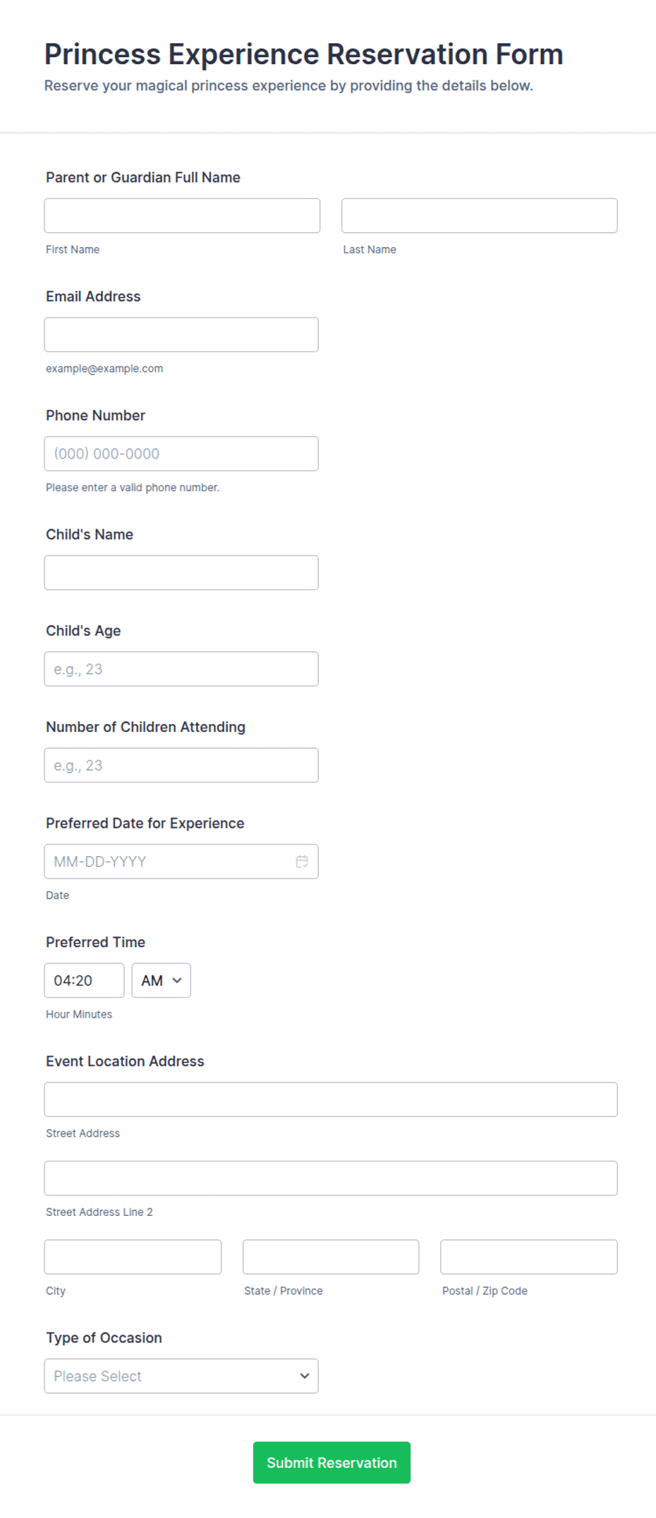 Princess Experience Reservation Form Template | Jotform