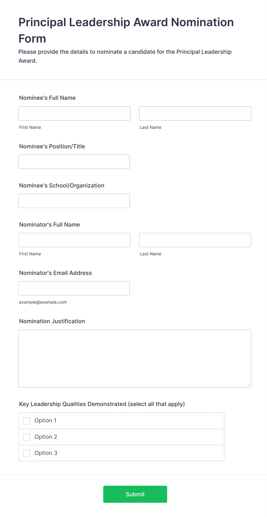 Principal Leadership Award Nomination Form Template | Jotform