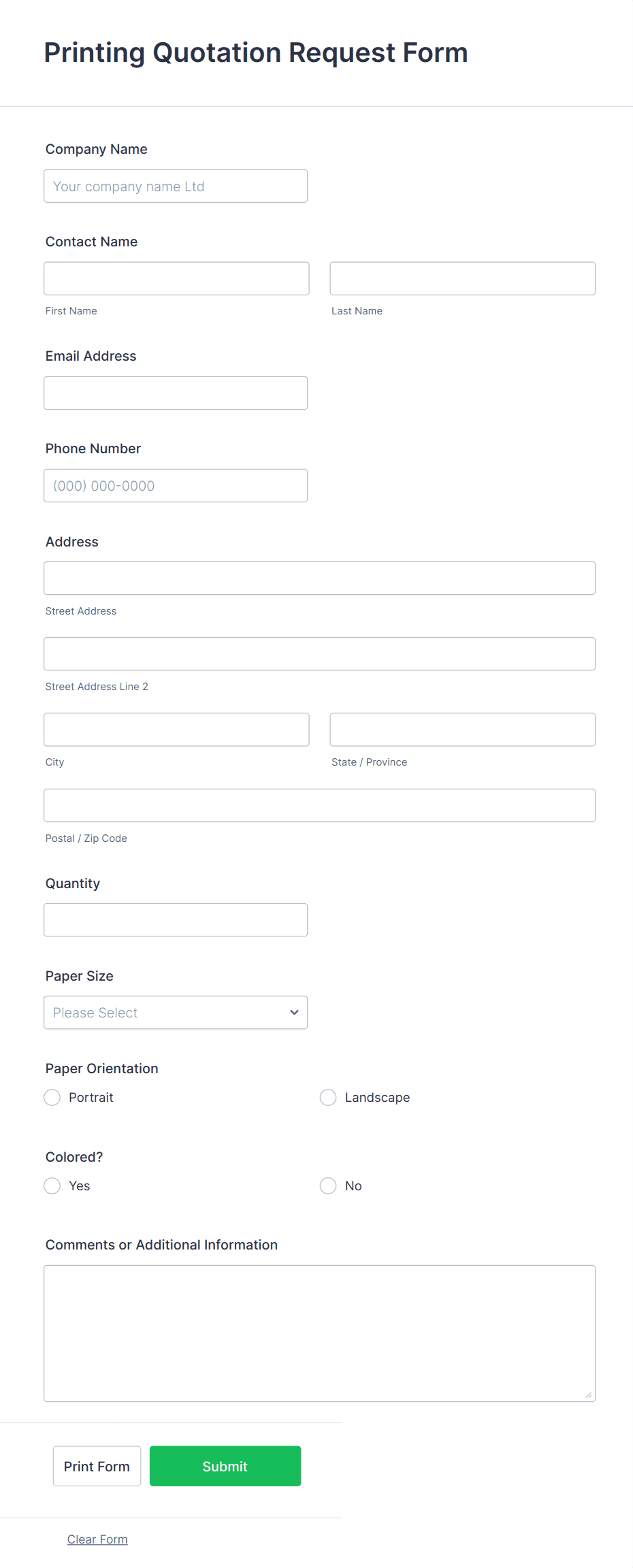Printing Quotation Request Form Template | Jotform