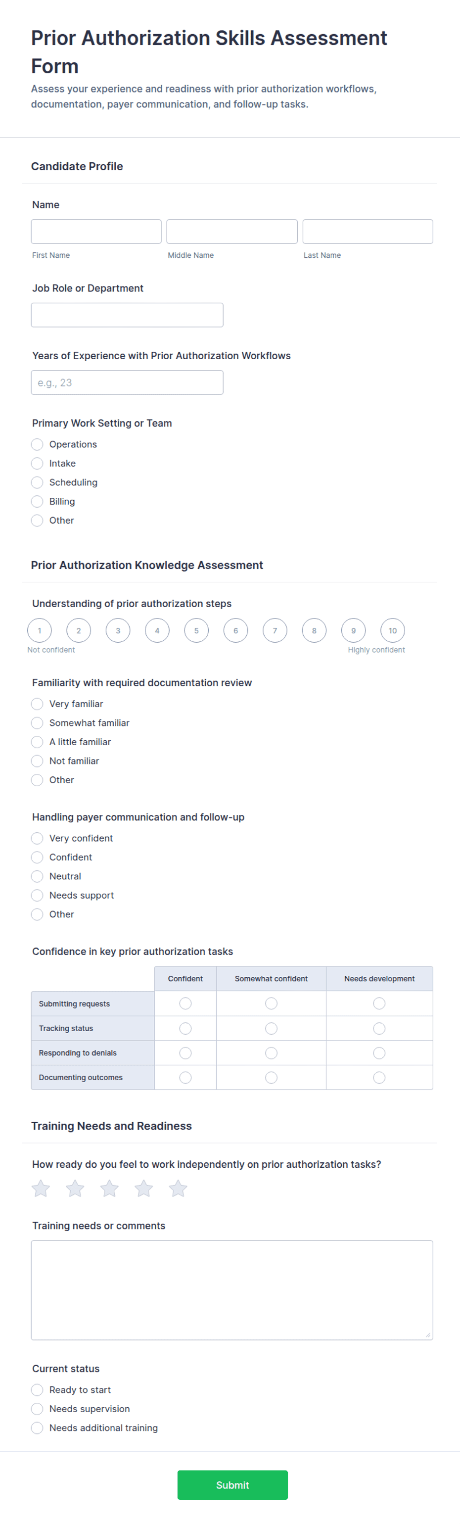 Prior Authorization Skills Assessment Form Template | Jotform