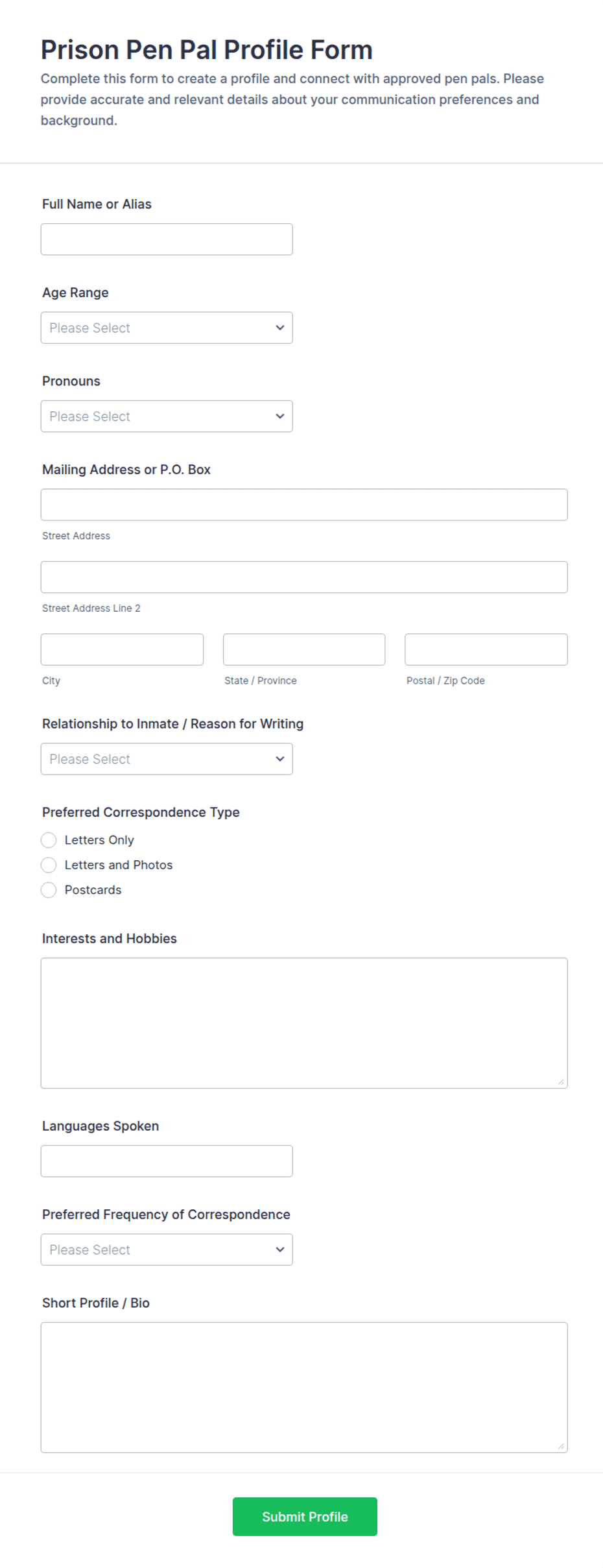 Prison Pen Pal Profile Form Template | Jotform