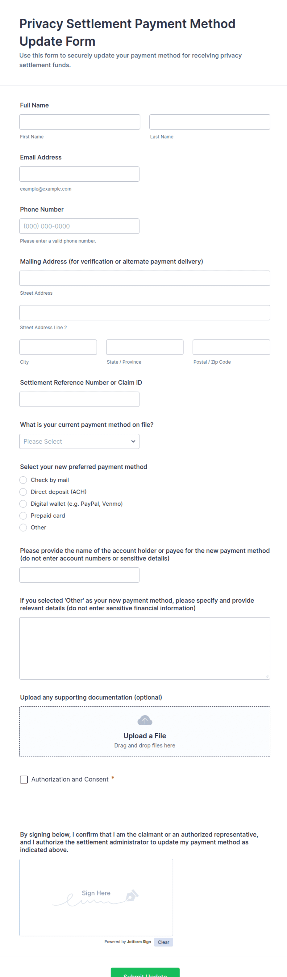 Privacy Settlement Payment Method Update Form Template | Jotform