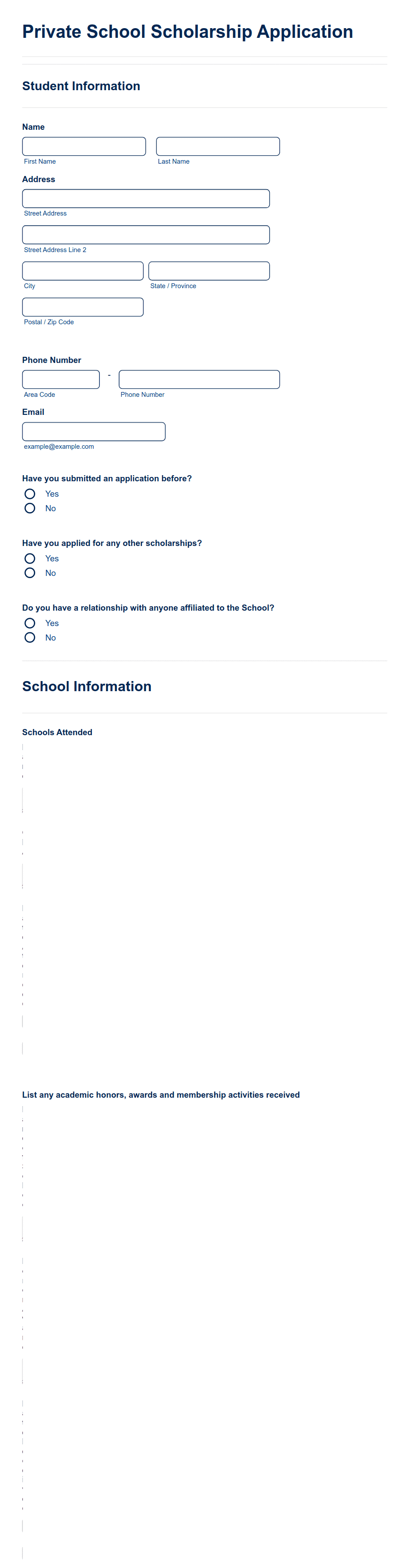 Private School Scholarship Application Form Template | Jotform