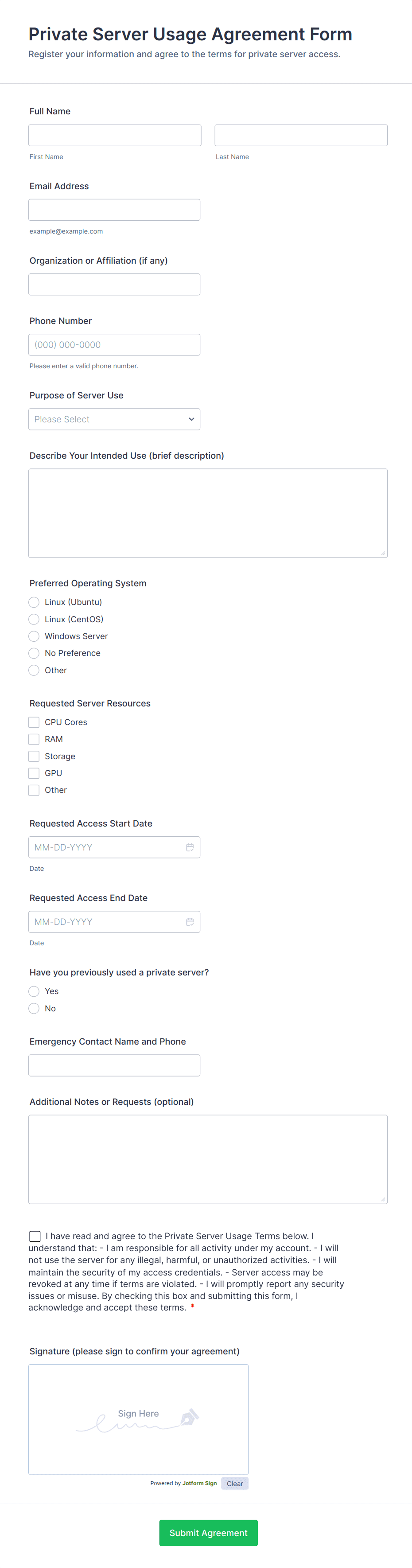 Private Server Usage Agreement Form Template | Jotform