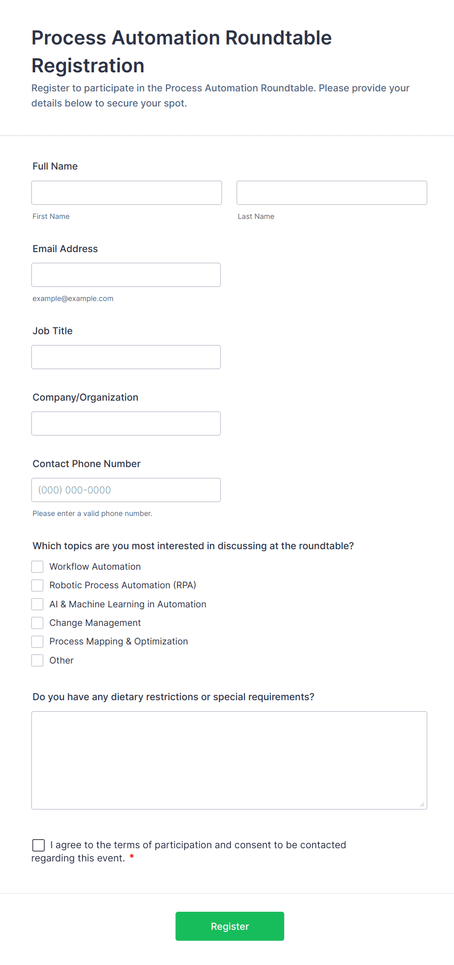 Process Automation Roundtable Registration Form Template | Jotform