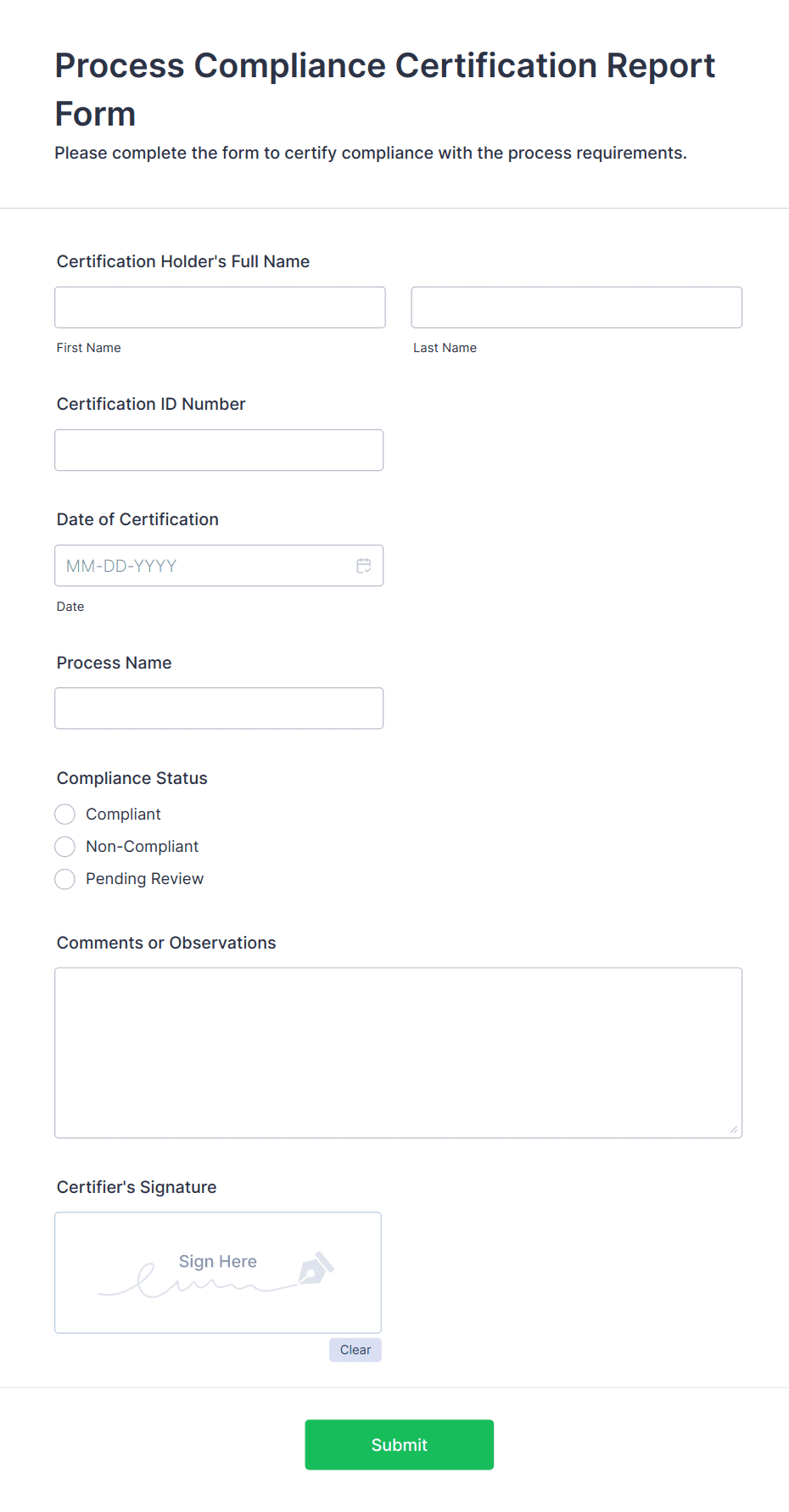 Process Compliance Certification Report Form Template | Jotform