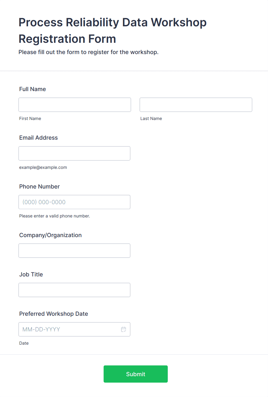 Process Reliability Data Workshop Registration Form Template | Jotform