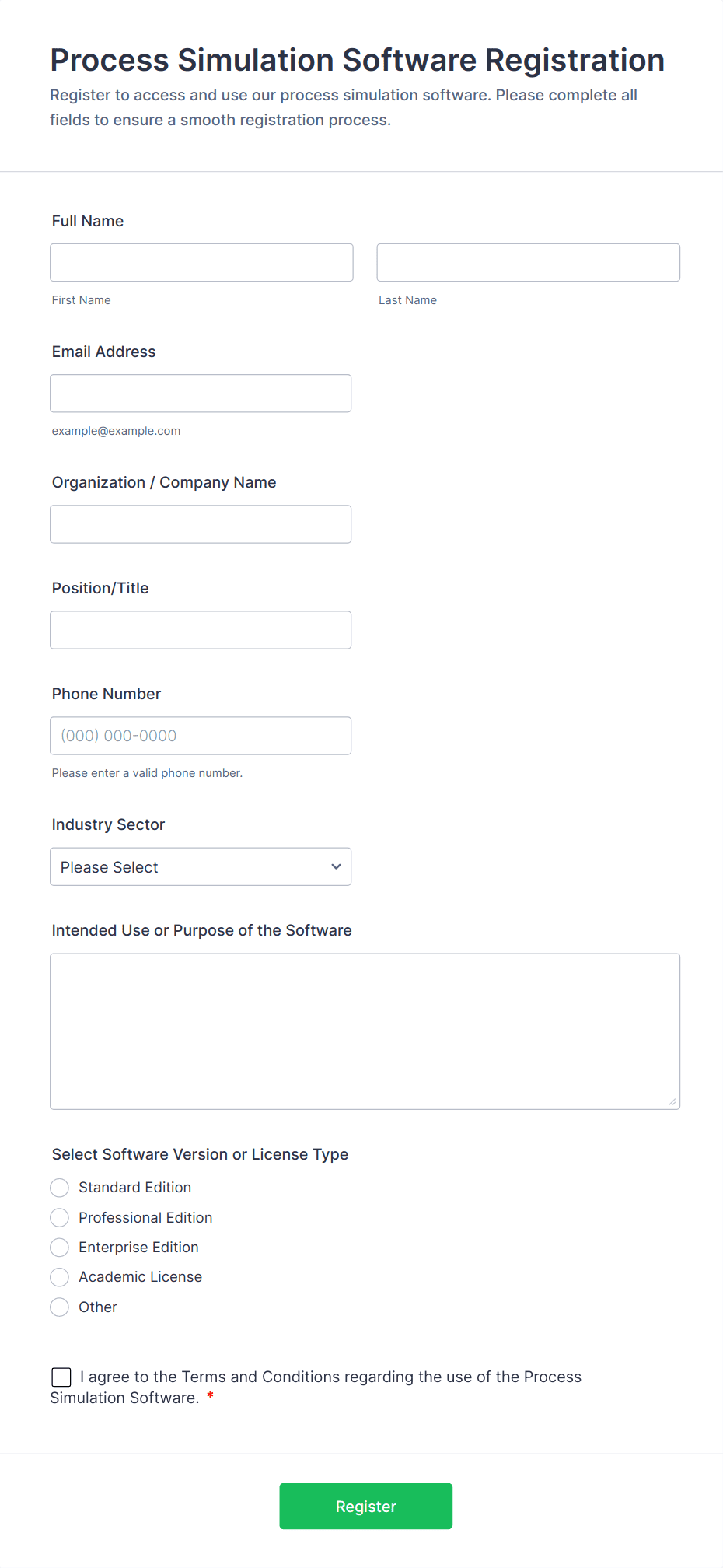 Process Simulation Software Registration Form Template | Jotform