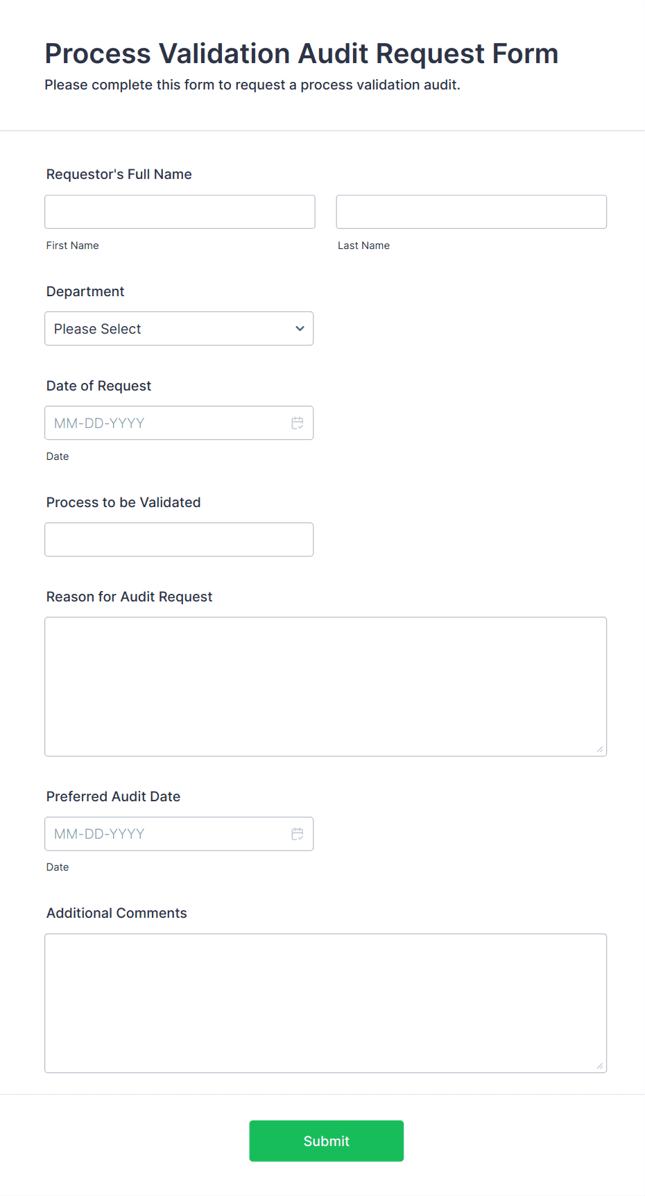 Process Validation Audit Request Form Template | Jotform