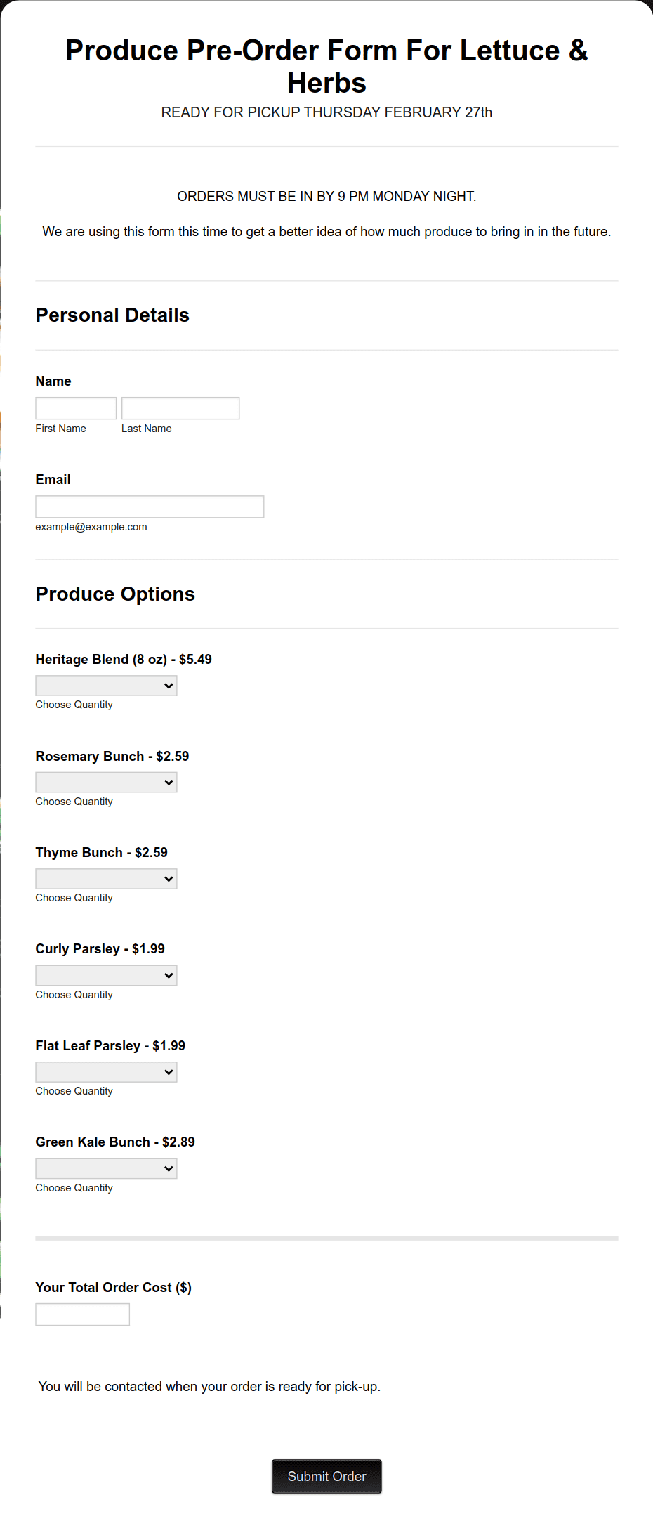 Produce Pre-Order Form Template | Jotform