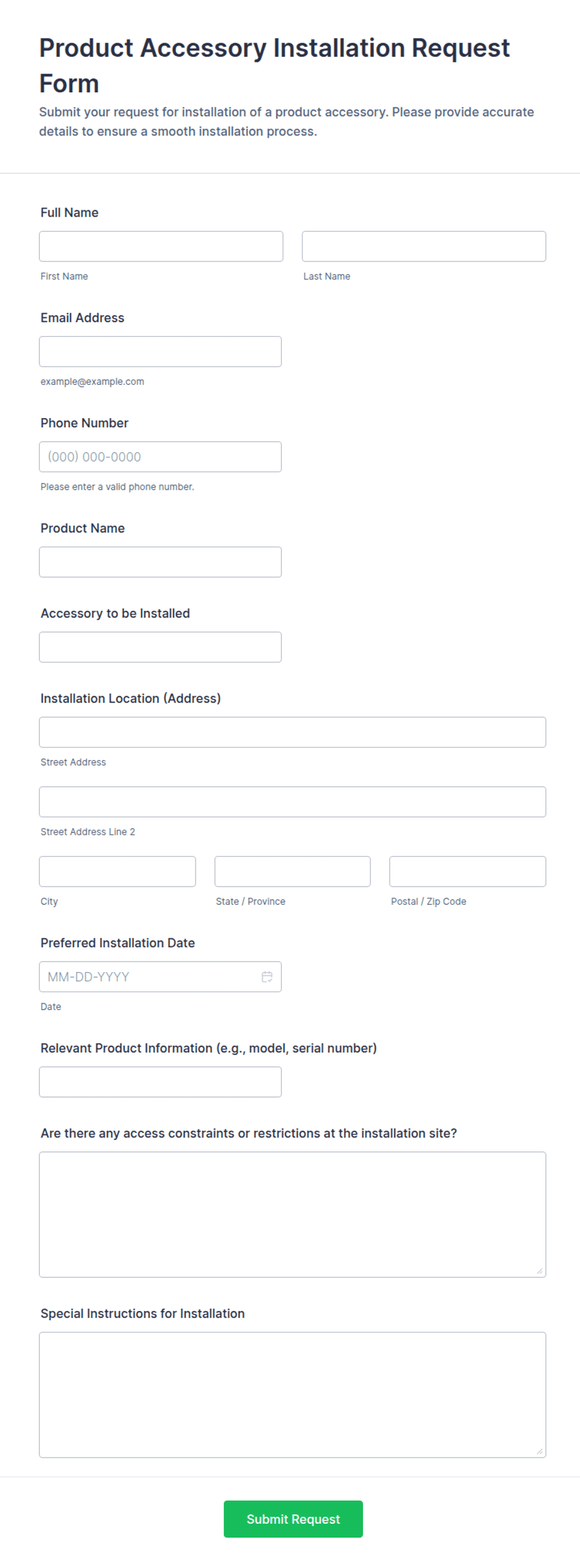 Product Accessory Installation Request Form Template | Jotform