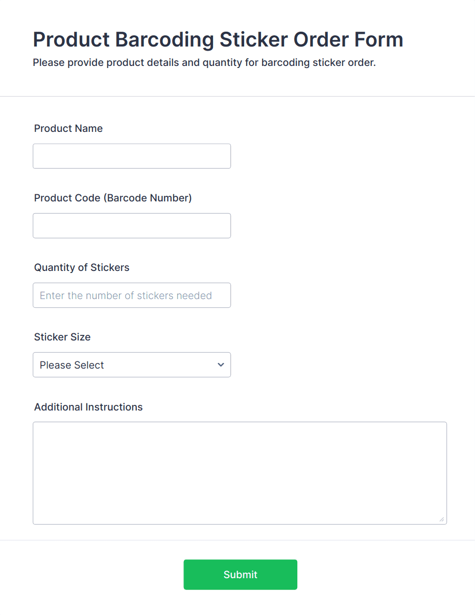 Product Barcoding Sticker Order Form Template | Jotform