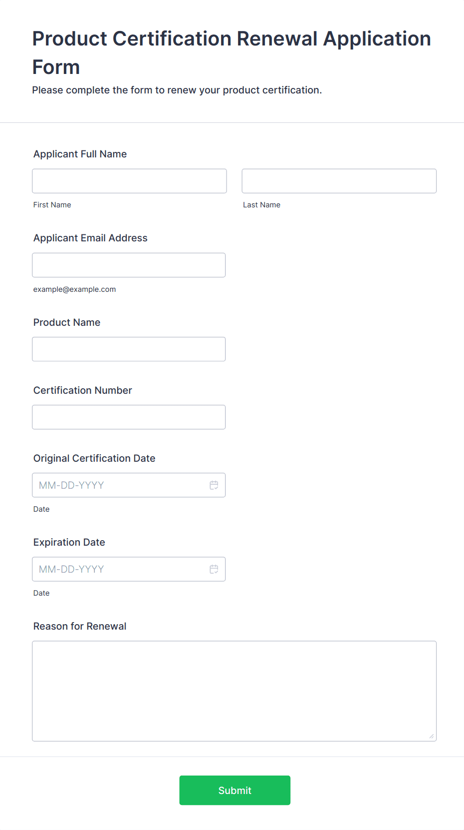 Product Certification Renewal Application Form Template | Jotform