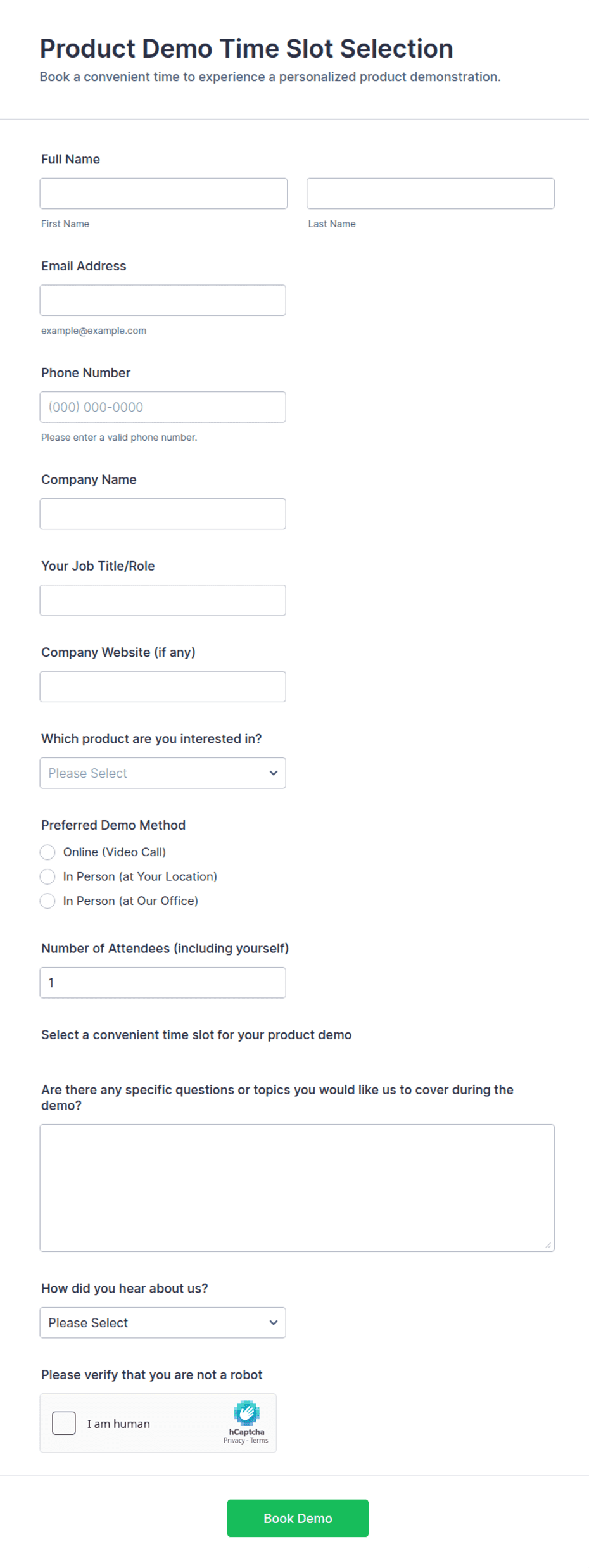 Product Demo Time Slot Selection Form Template | Jotform