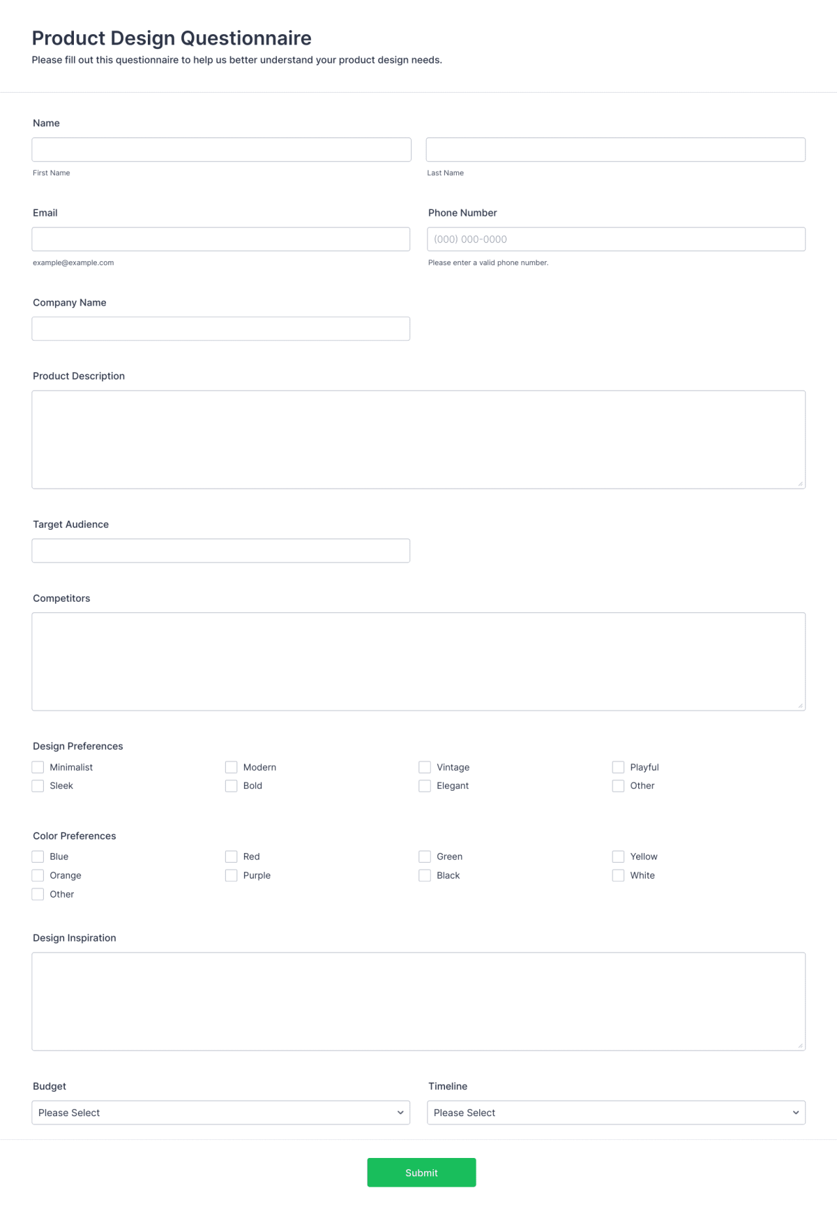 Product Design Questionnaire Form Template | Jotform