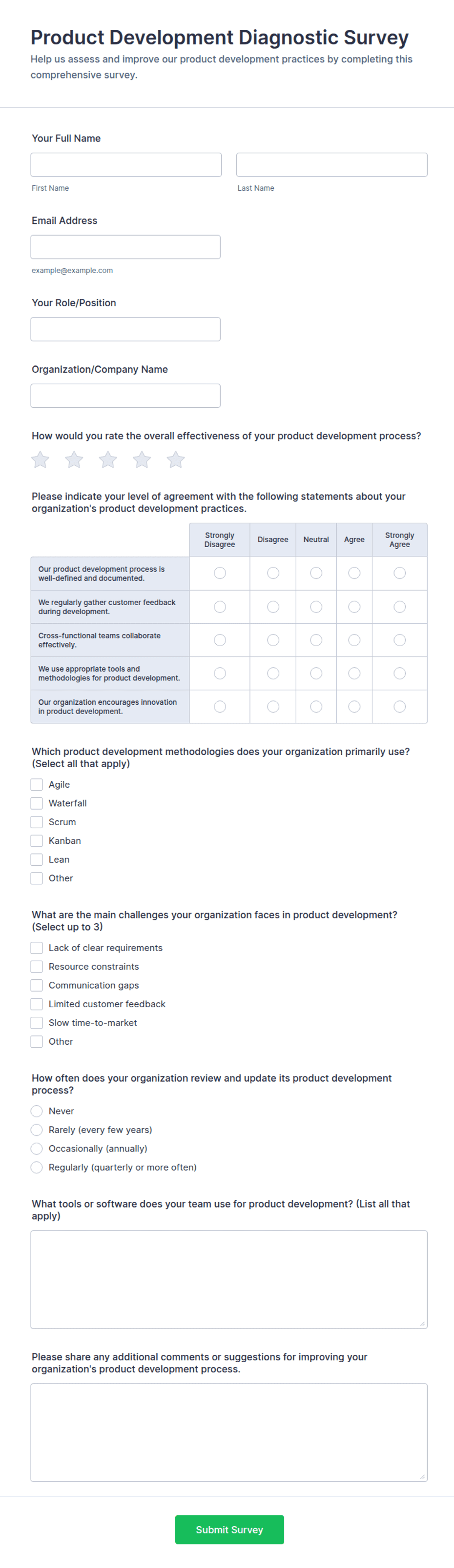 Product Development Diagnostic Survey Form Template | Jotform