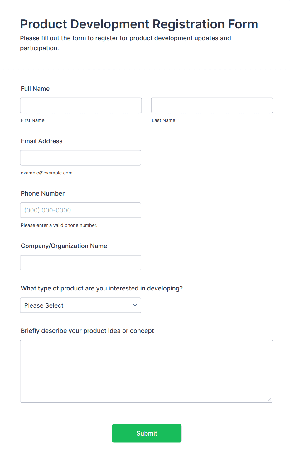 Product Development Registration Form Template | Jotform